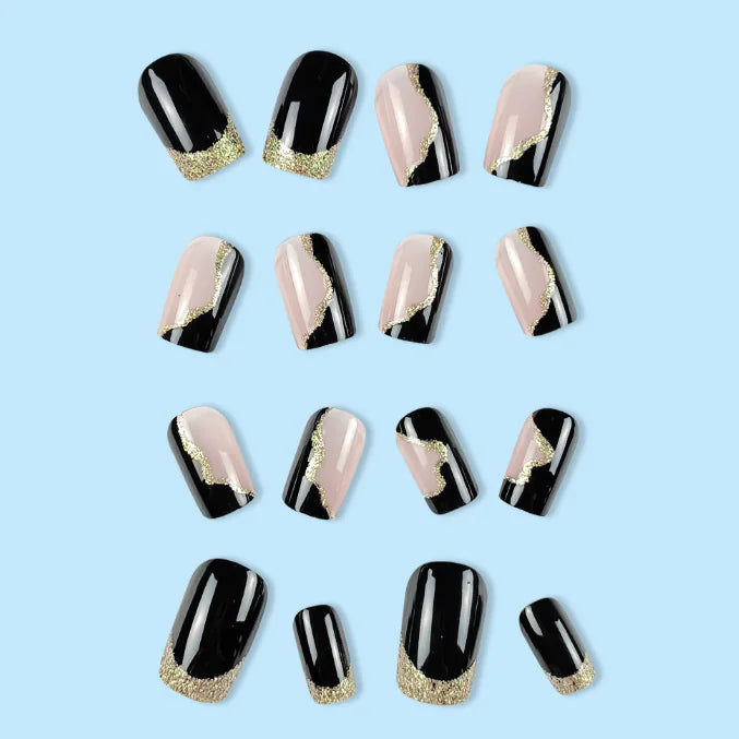Black Gold Glitter Splicing Fake Nails Art Pieces – V É L A