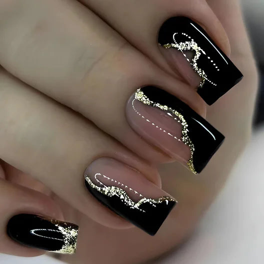 Black Gold Glitter Splicing Fake Nails Art Pieces – V É L A